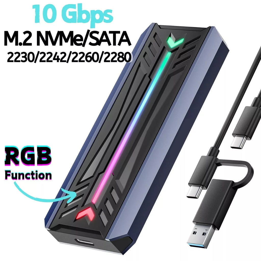 NVME SSD To USB-C Adapter Enclosure (M.2 mSATA and NVMe) - RGB LEDs