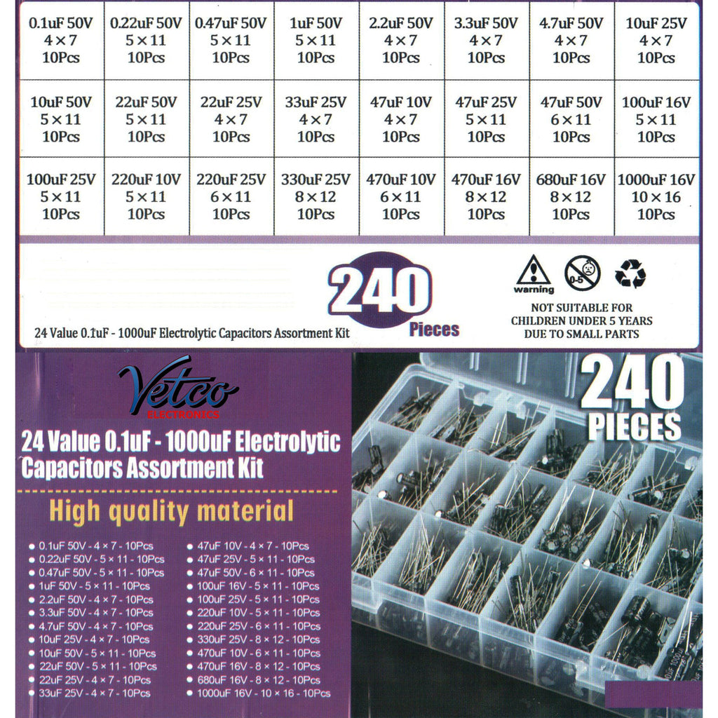 240 Piece Electrolytic Capacitor Assortment kit 24 Values - KCAP2