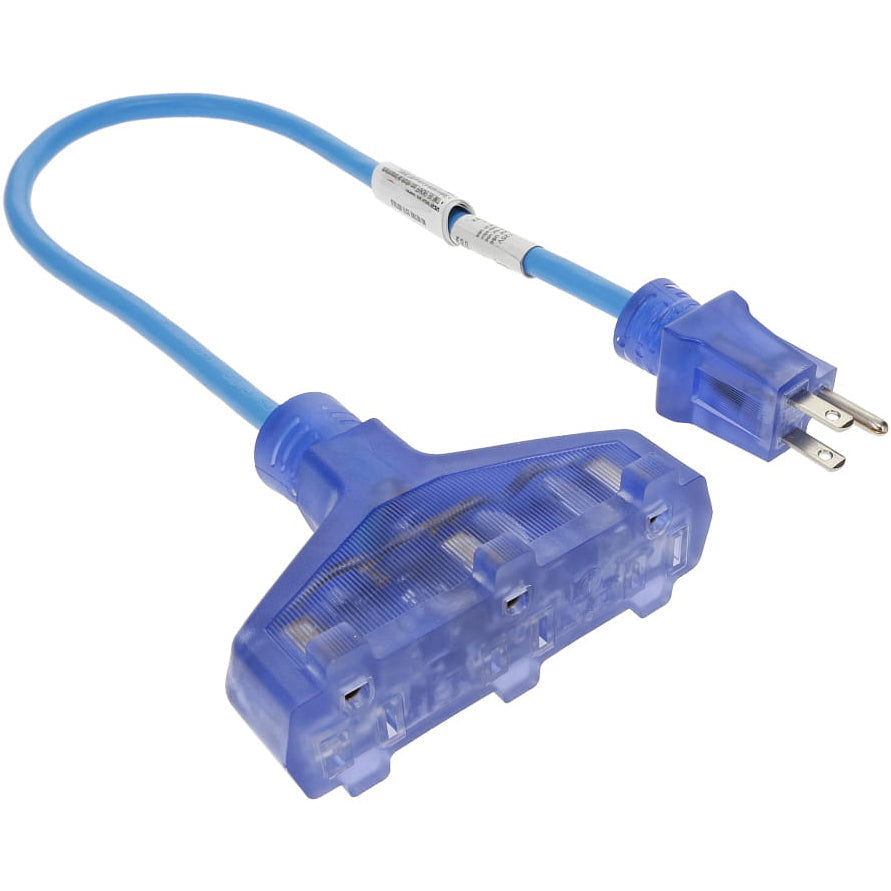 Three Outlet Power Strip Adapter - SJTW 14/3 Lighted Clear Blue Receptacle
